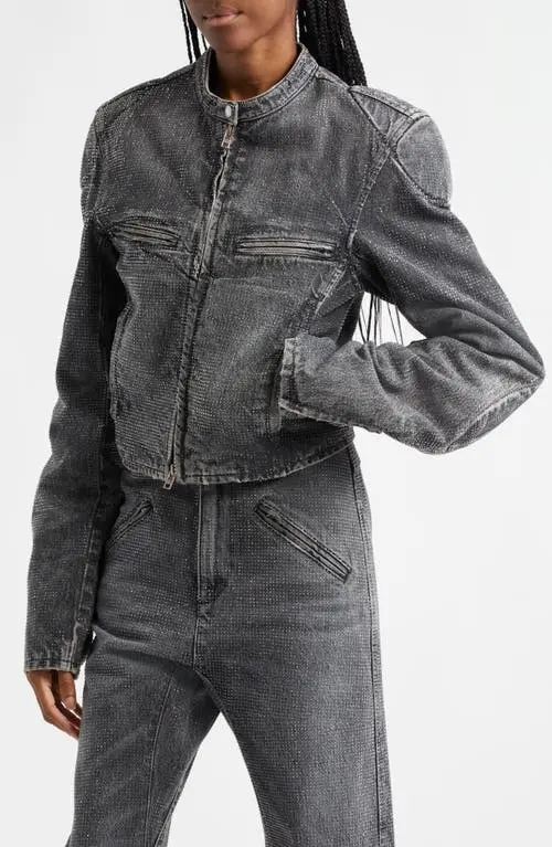 Alexander Wang Crystal Embellished Denim Moto Jacket In Black